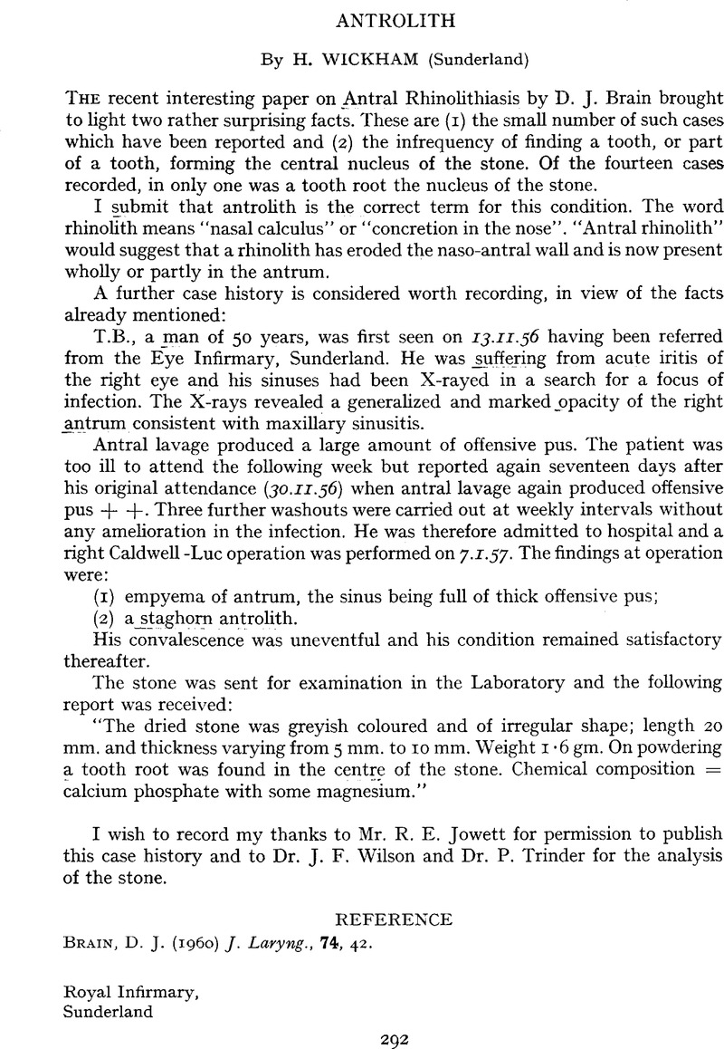Antrolith | The Journal of Laryngology & Otology | Cambridge Core