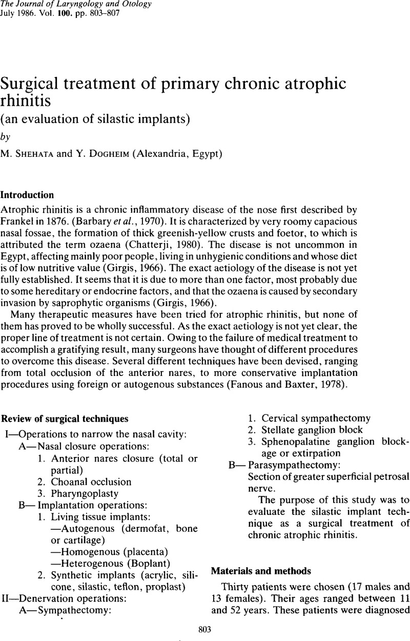 Surgical treatment of primary chronic atrophic rhinitis | The Journal ...