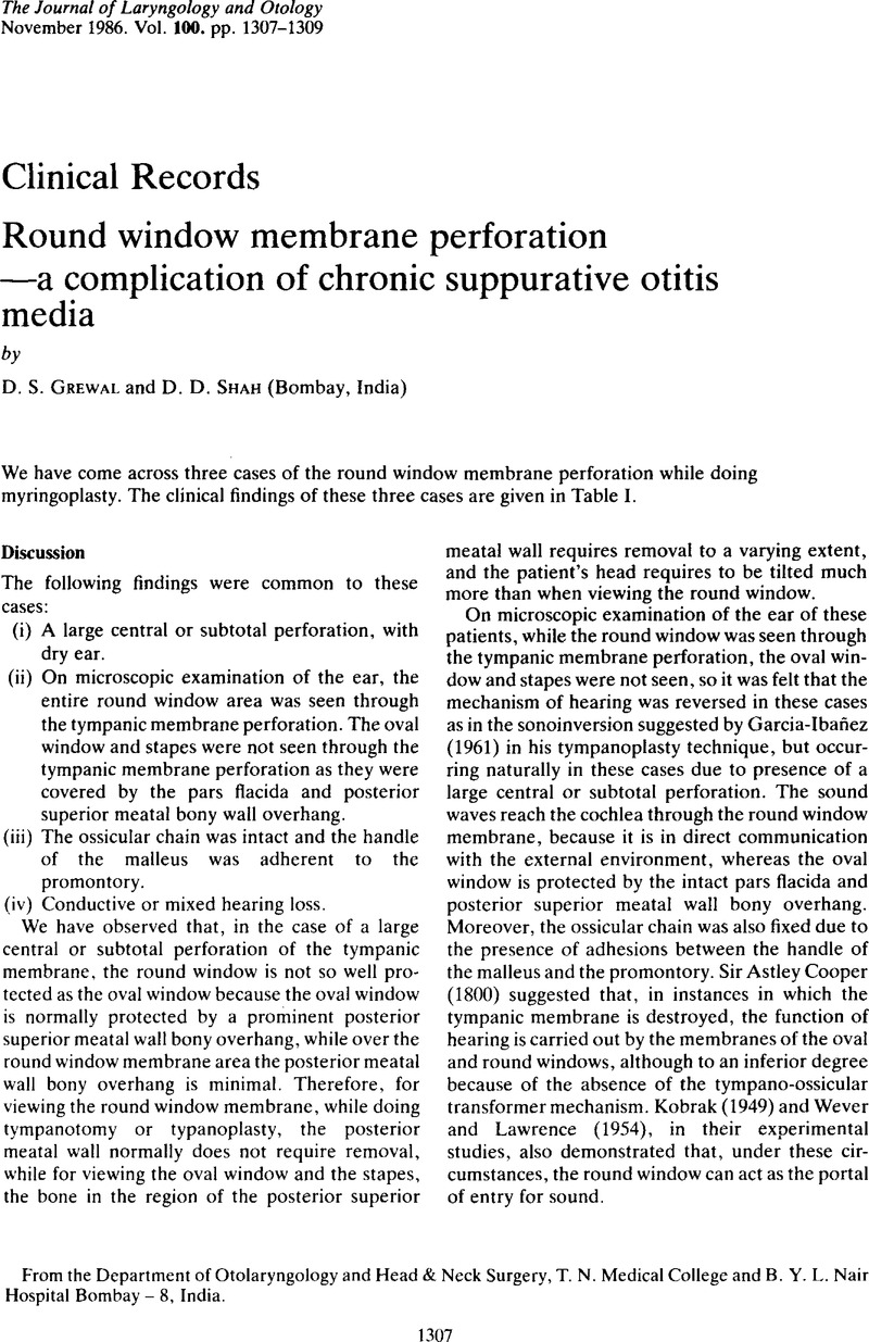 Round window membrane perforation—a complication of chronic suppurative ...