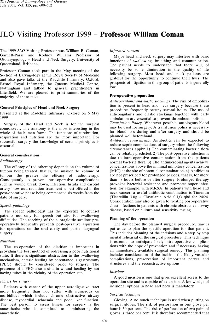 JLO Visiting Professor 1999 – Professor William Coman | The Journal of ...