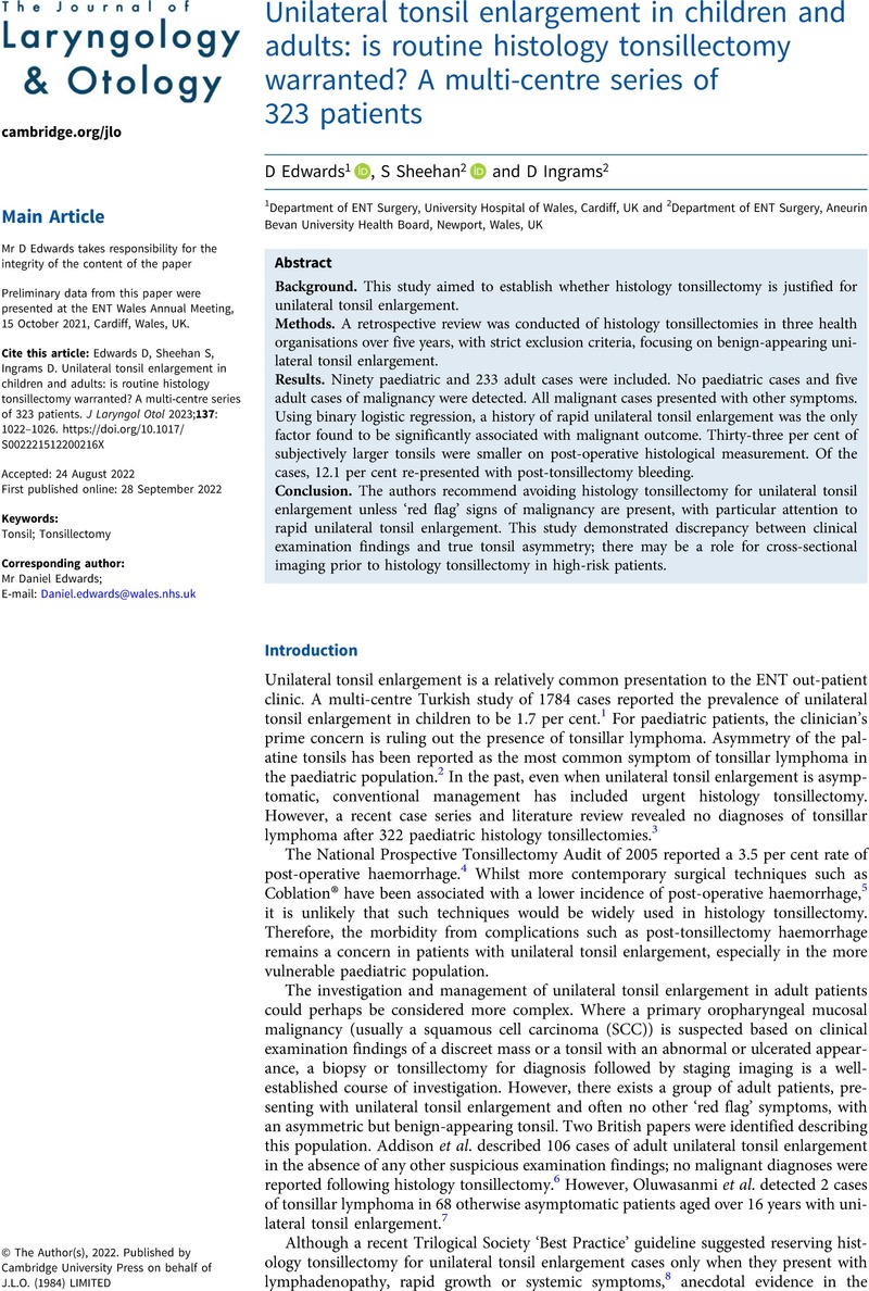 Unilateral Tonsil Enlargement in children and adults: is routine ...