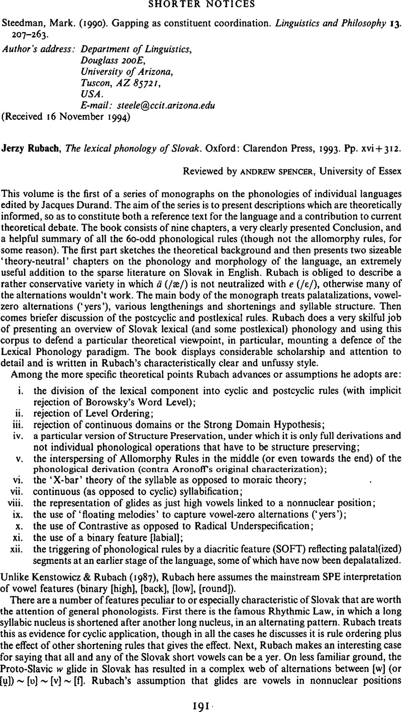 Jerzy Rubach, The lexical phonology of Slovak. Oxford: Clarendon Press ...