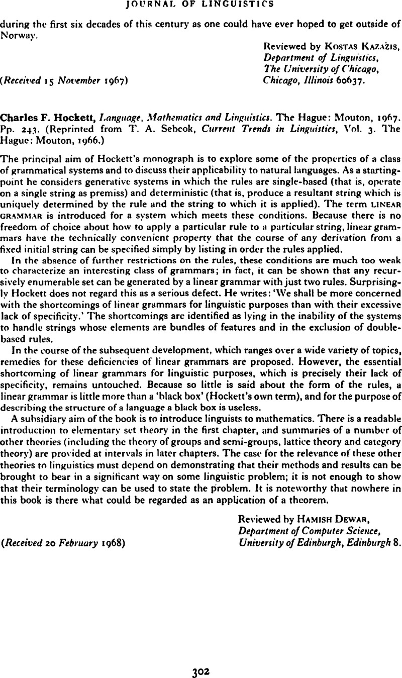 Charles F. Hockett, Language, Mathematics and Linguistics. The Hague ...