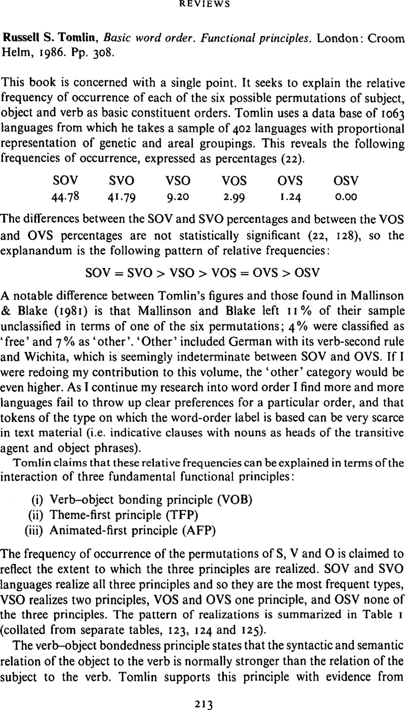 Russell S. Tomlin, Basic word order. Functional principles. London ...
