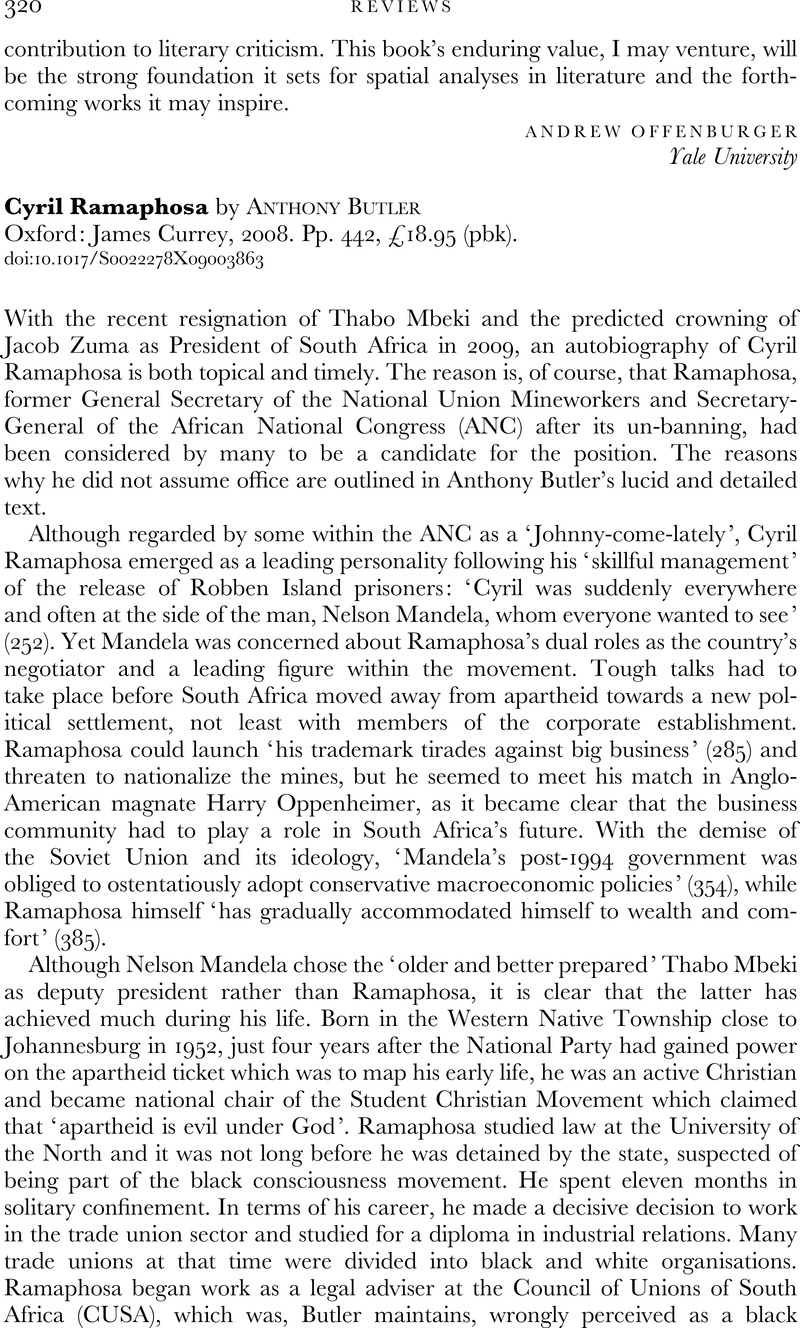 Cyril Ramaphosa by Anthony Butler Oxford: James Currey, 2008. Pp. 442 ... Cyril Ramaphosa by Anthony Butler Oxford: James Currey, 2008. Pp. 442 ...
