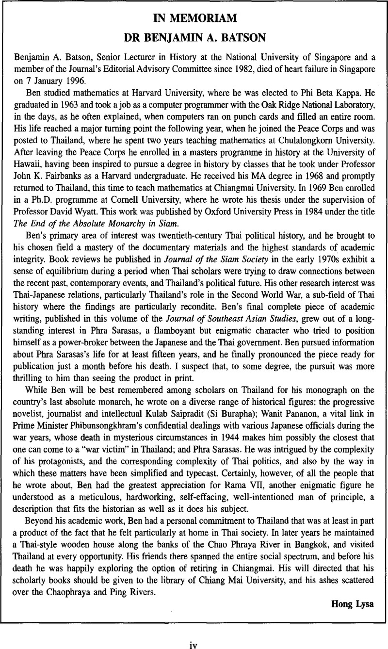 In Memoriam: Dr Benjamin A. Batson | Journal of Southeast Asian Studies ...
