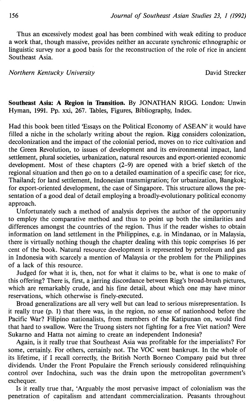 Southeast Asia: A Region in Transition. By Jonathan Rigg. London: Unwin ...