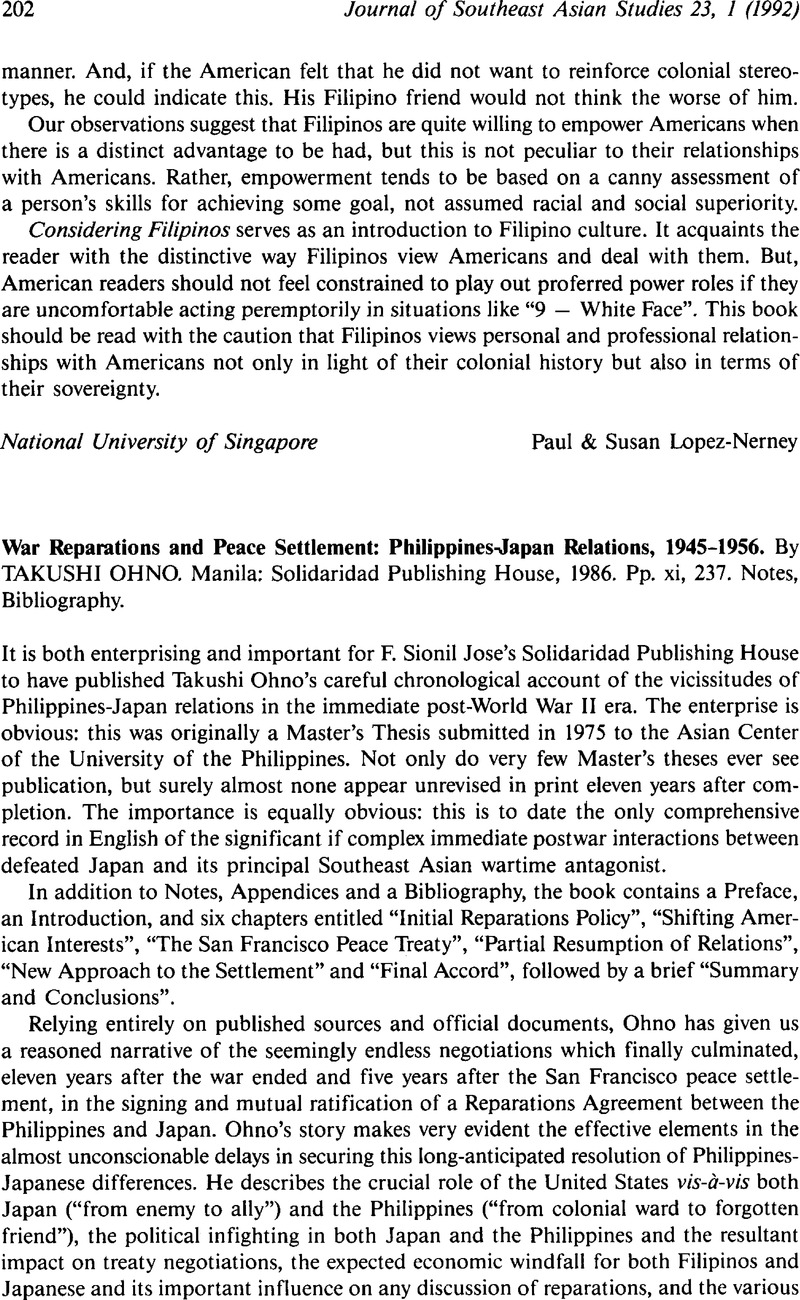 War Reparations and Peace Settlement: Philippines-Japan Relations, 1945 ...
