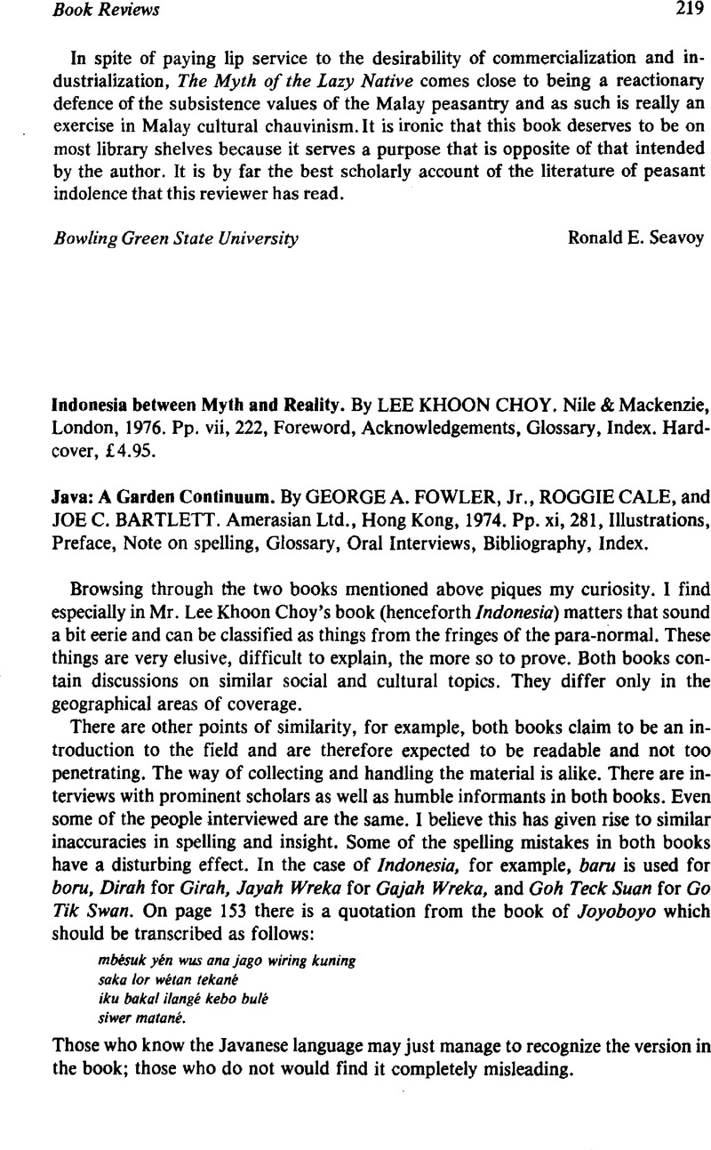 Indonesia between Myth and Reality. By Lee Khoon Choy. Nile & Mackenzie ...
