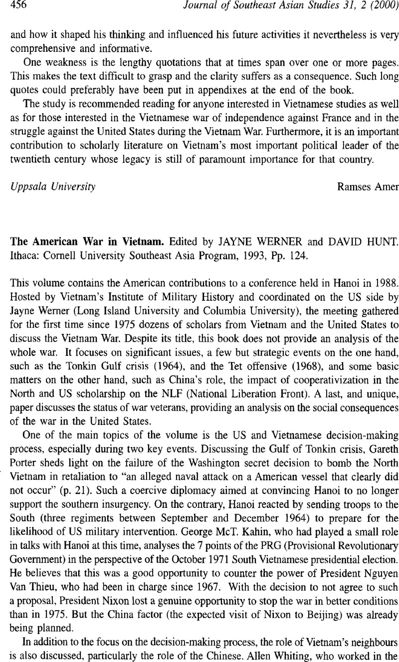 The American War in Vietnam. Edited by Jayne Werner and David Hunt ...