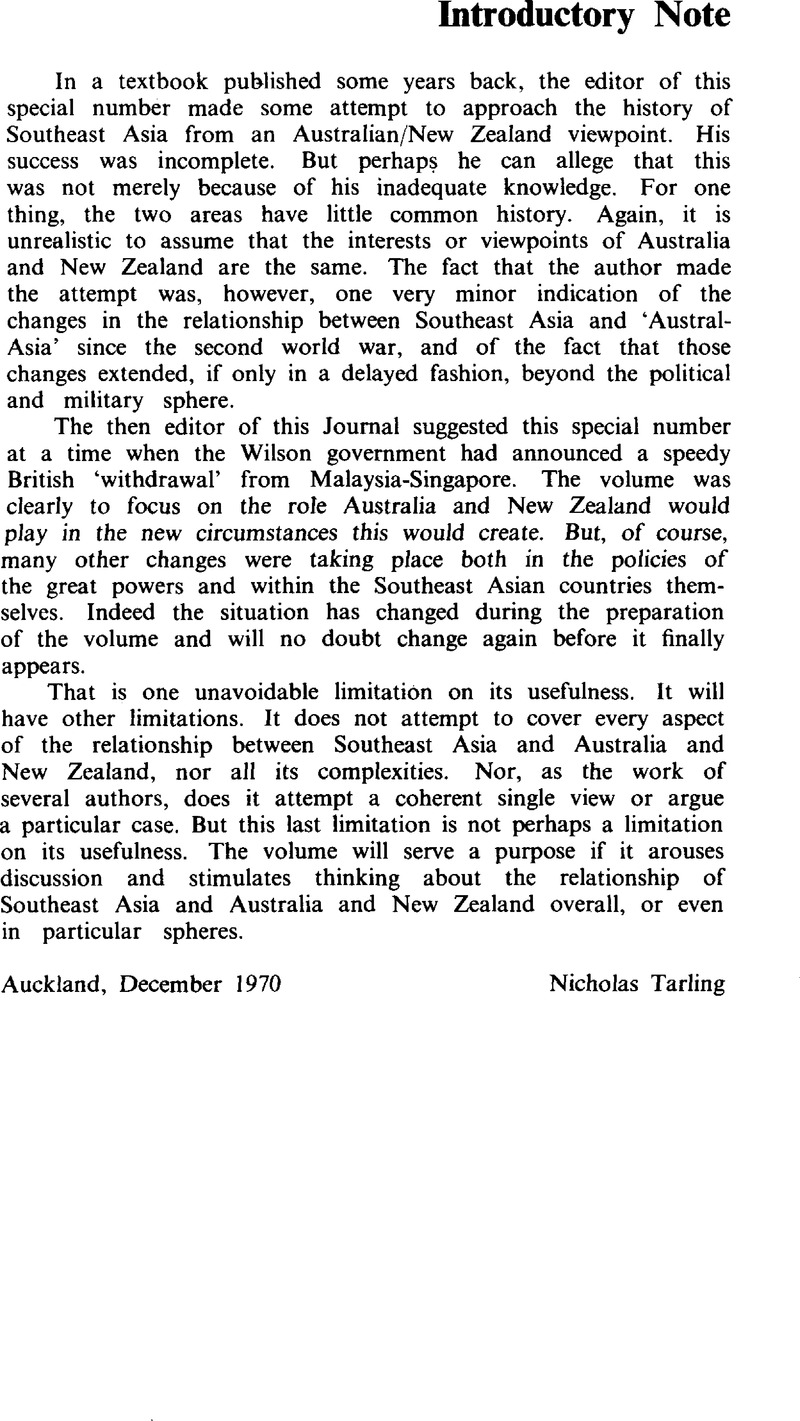 Introductory Note | Journal of Southeast Asian Studies | Cambridge Core