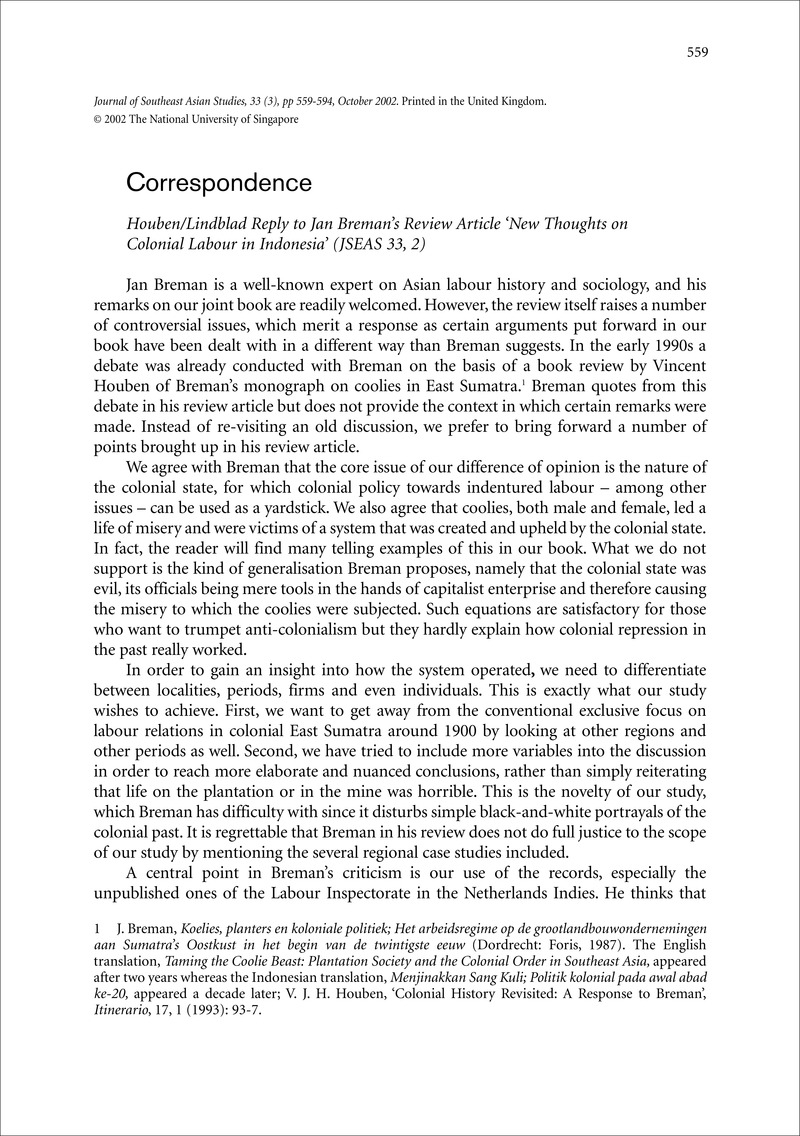 Houben/Lindblad Reply to Jan Breman's Review Article ‘New Thoughts on ...