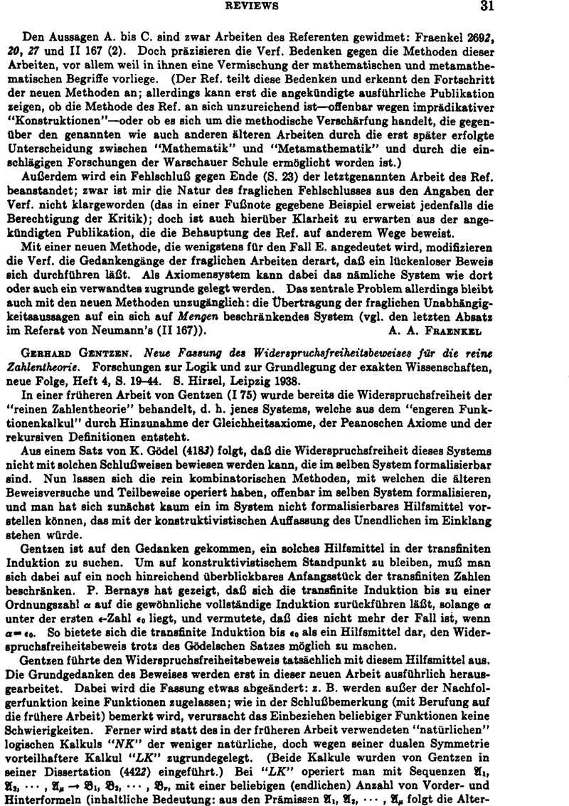 Gerhard Gentzen. Neue Fassung des Widerspruchsfreiheitsbeweises für die ...