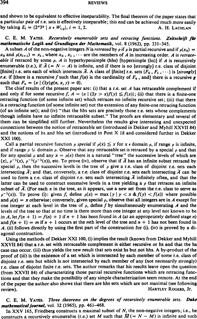C. E. M. Yates. Three theorems on the degrees of recursively enumerable ...