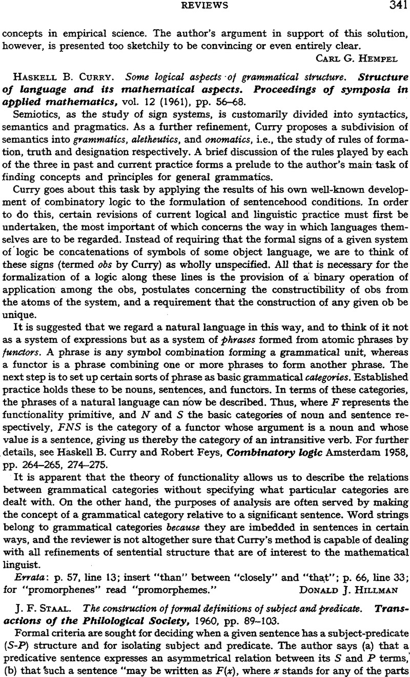 Haskell B. Curry. Some logical aspects of grammatical structure ...