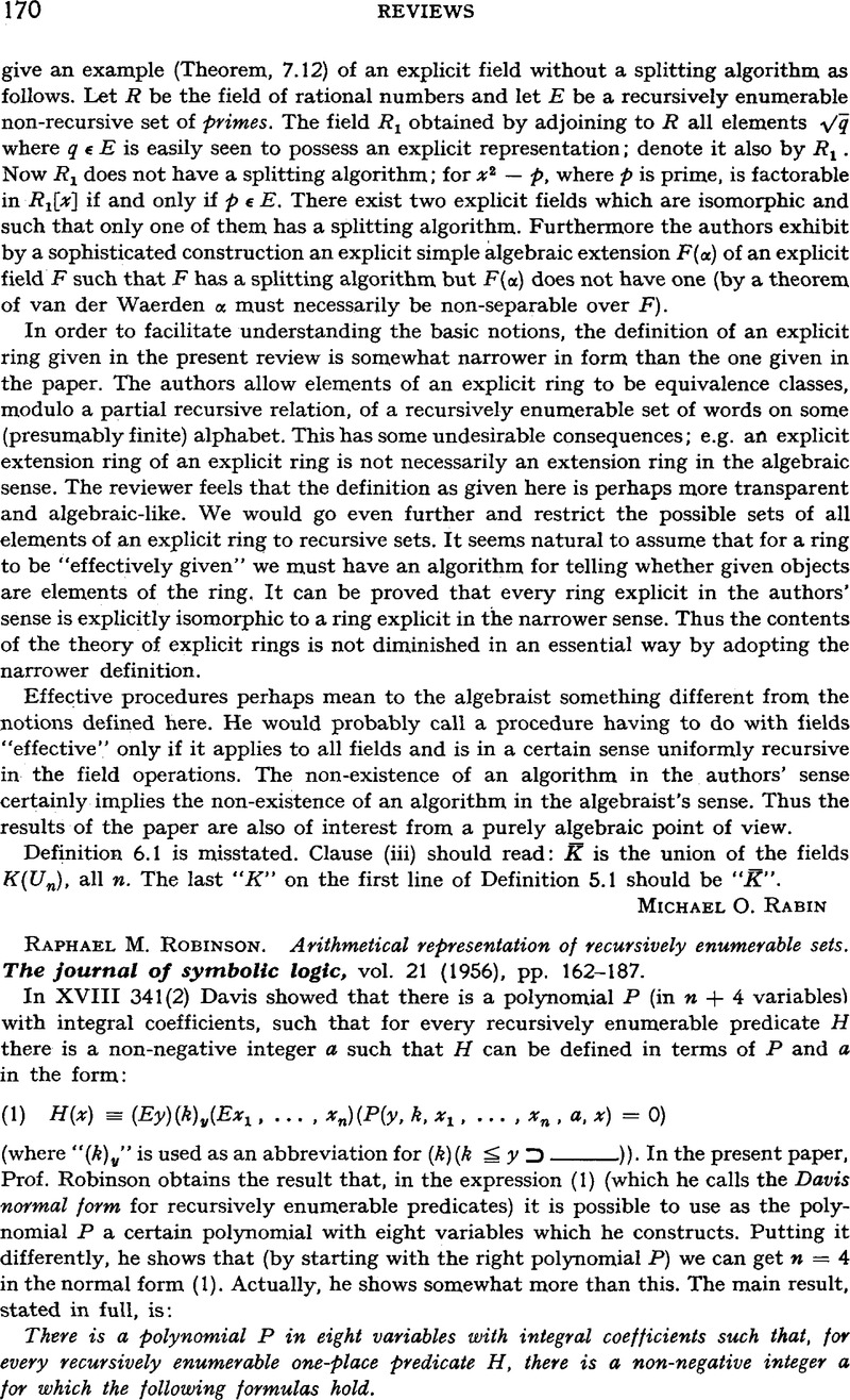 Raphael M. Robinson. Arithmetical representation of recursively ...
