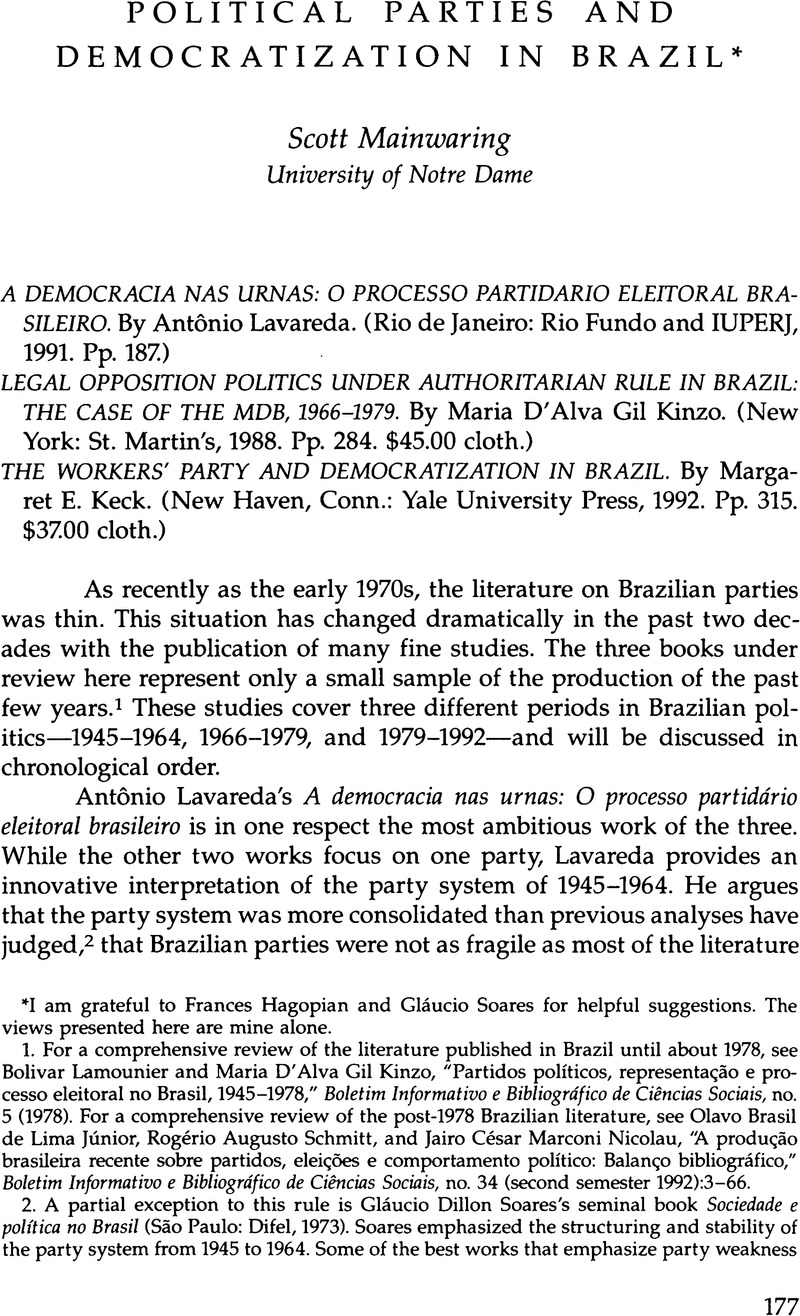 Political Parties and Democratization in Brazil | Latin American ...