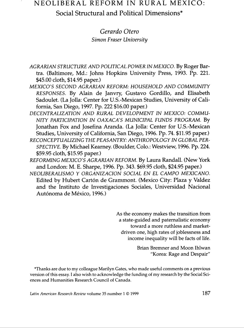 Neoliberal Reform in Rural Mexico: Social Structural and Political ...