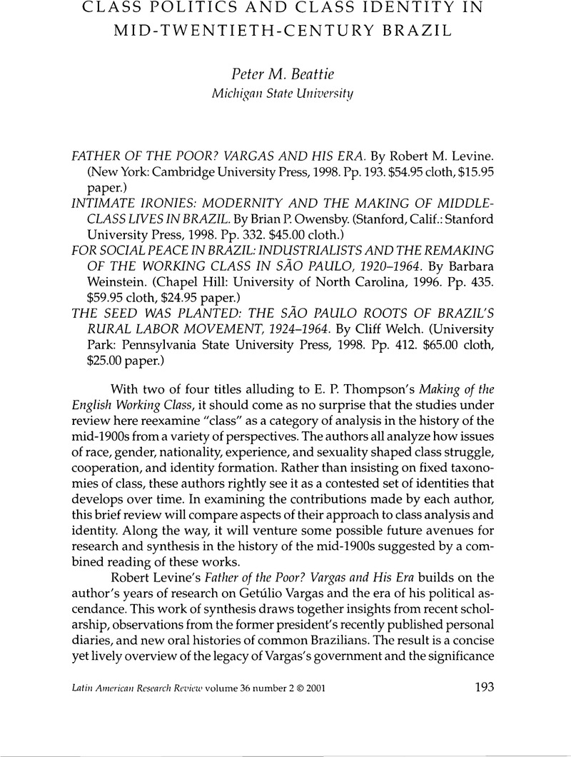 Class Politics and Class Identity in Mid-Twentieth-Century Brazil ...