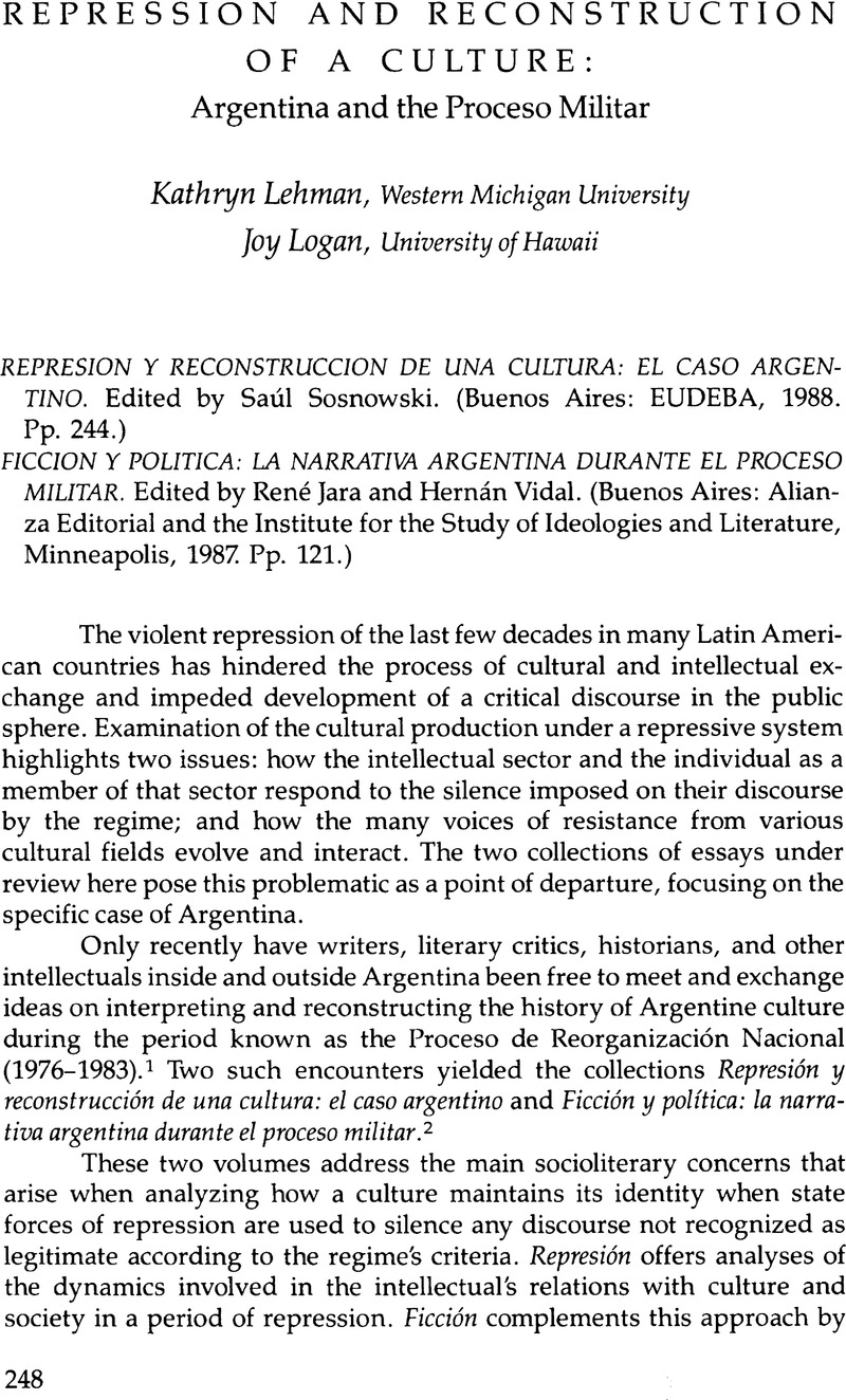 Repression and Reconstruction of a Culture: Argentina and the Proceso ...