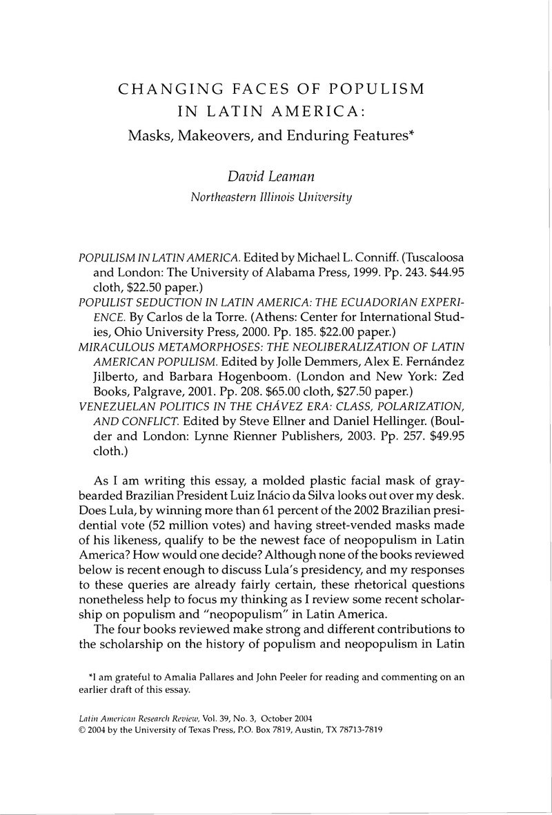 Changing Faces of Populism in Latin America: Masks, Makeovers, and ...