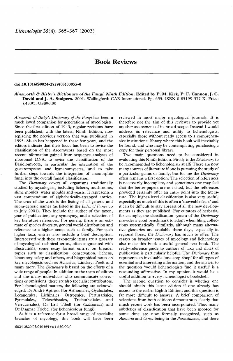 Ainsworth & Bisby's Dictionary of the Fungi. Ninth Edition. Edited by P ...