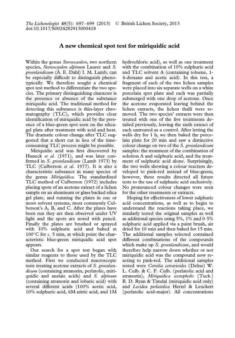 A new chemical spot test for miriquidic acid | The Lichenologist ...