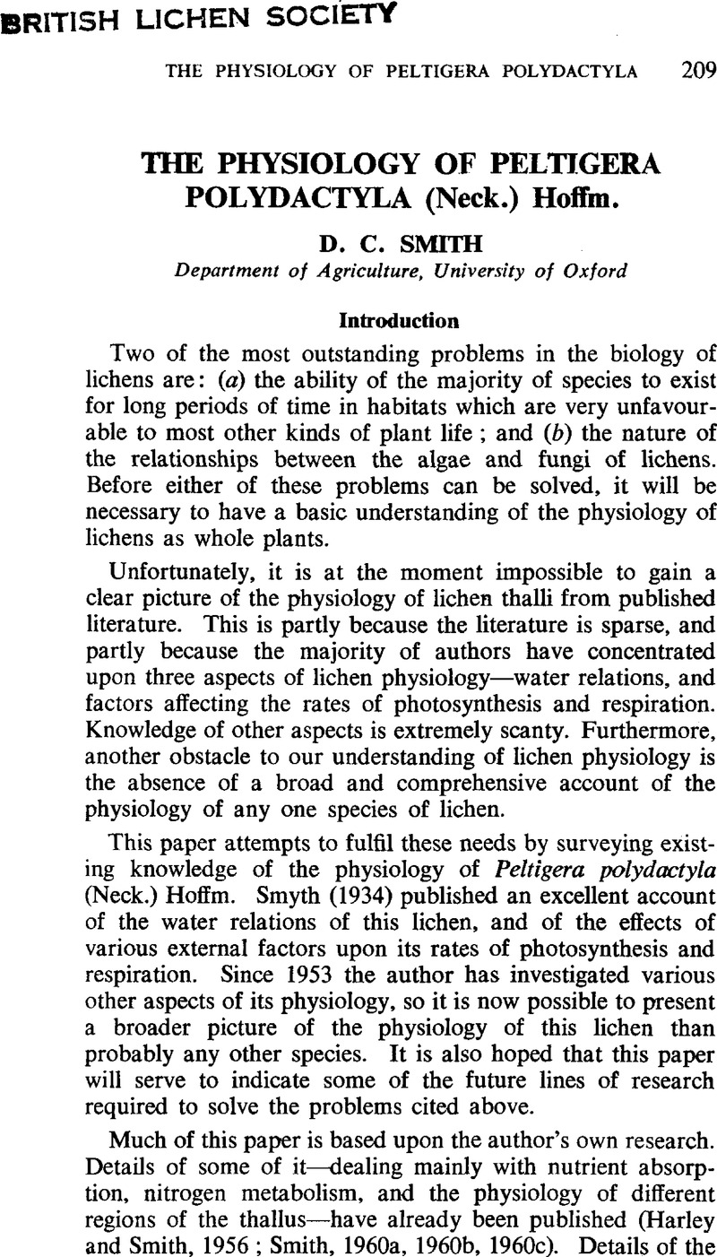 The Physiology of Peltigera Polydactyla (Neck.) Hoffm | The ...
