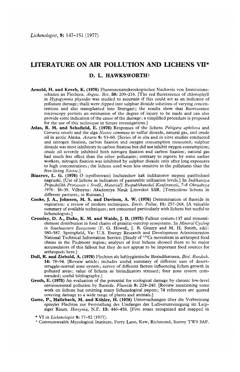 Literature on Air Pollution and Lichens VII* | The Lichenologist ...