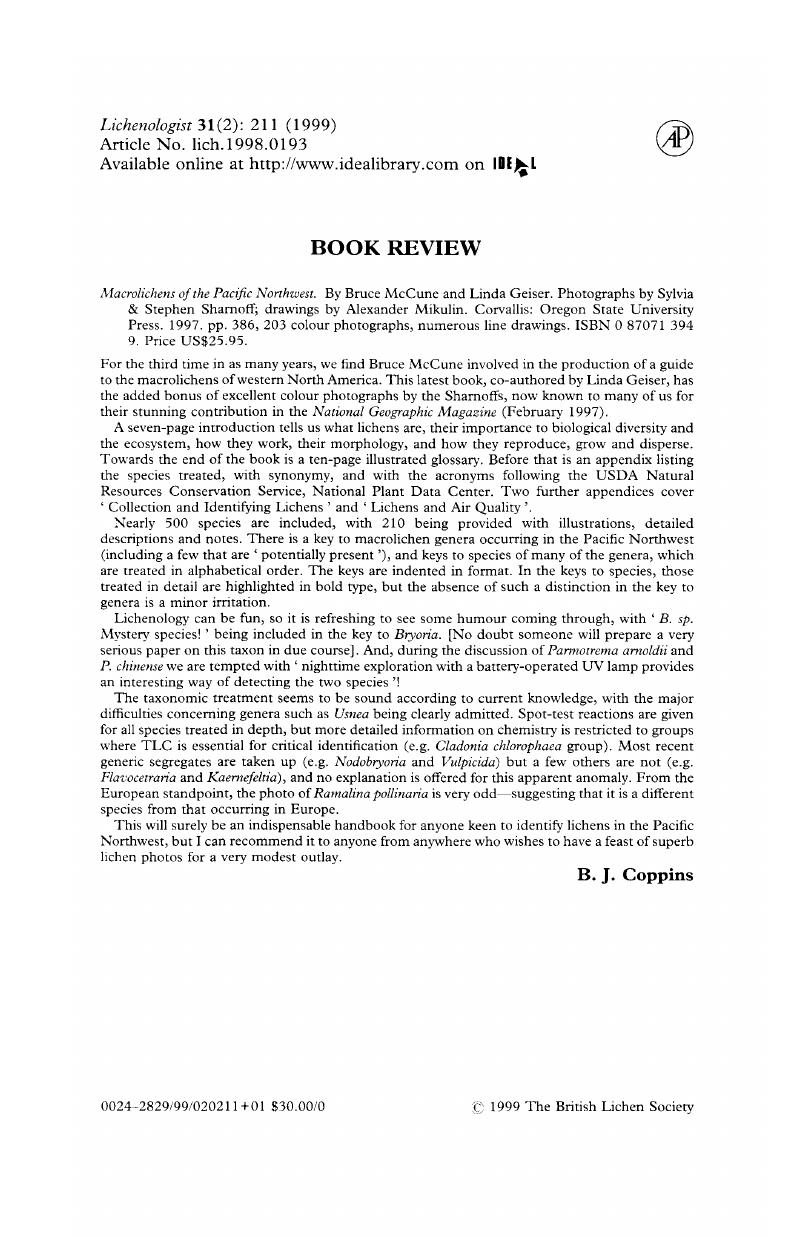 Macrolichens of the Pacific Northwest. By Bruce McCune and Linda Geiser ...