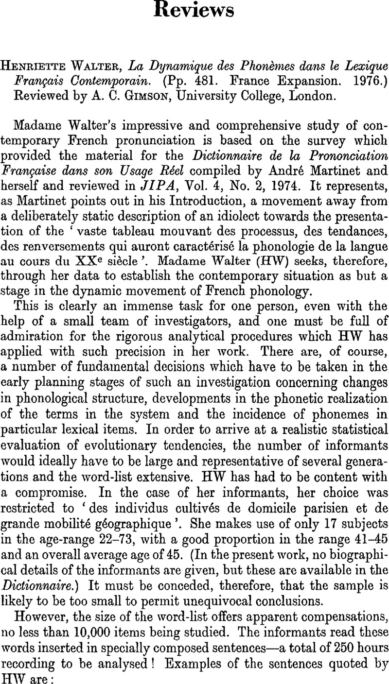 Henriette Walter, La Dynamique des Phonèmes dans le Lexique Français ...