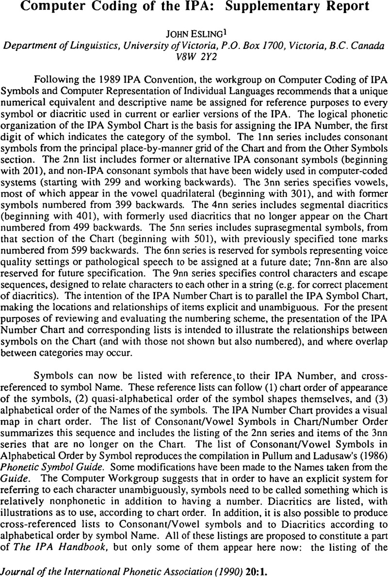 Computer Coding of the IPA: Supplementary Report | Journal of the ...