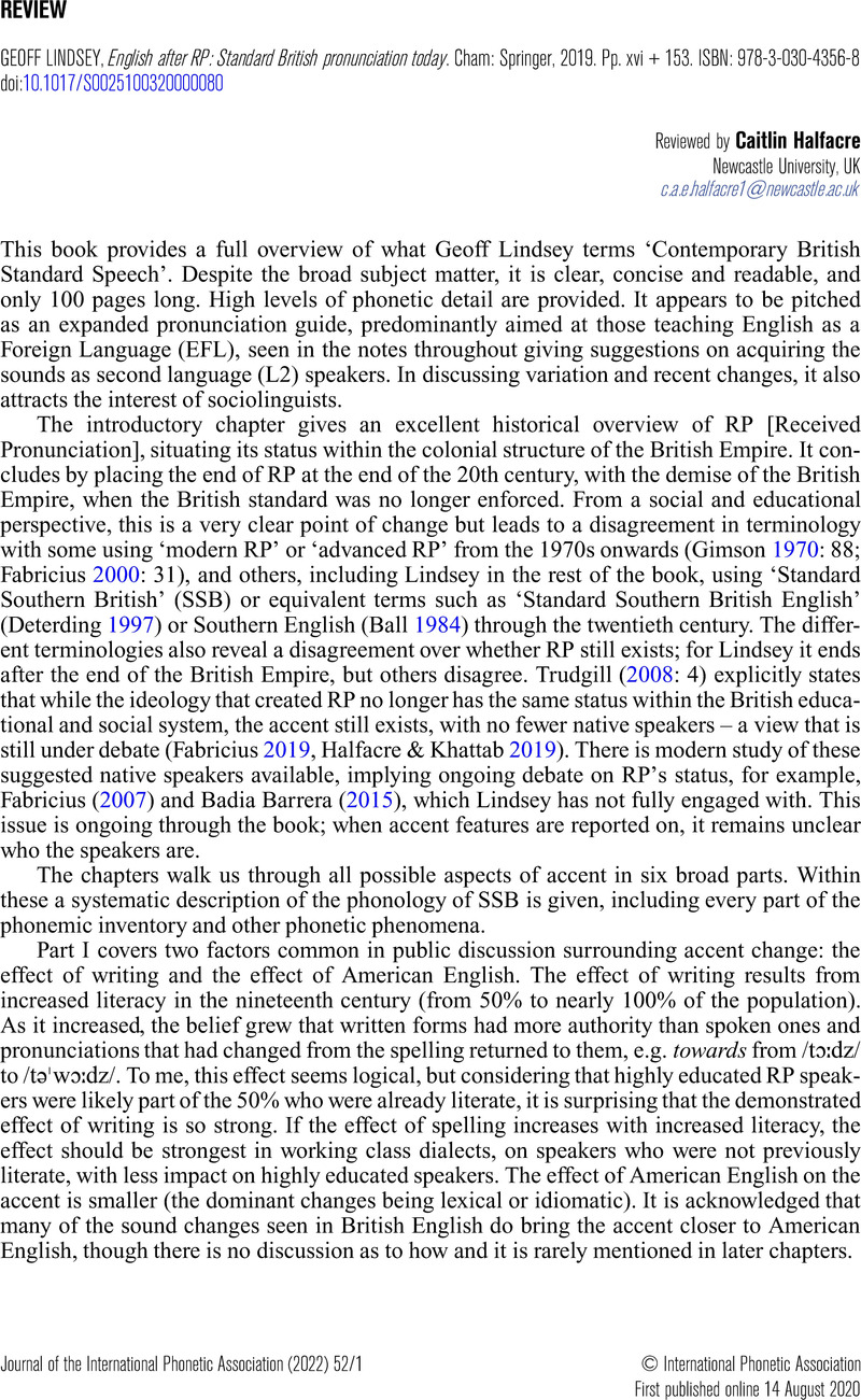 GEOFF LINDSEY, English after RP: Standard British pronunciation today ...