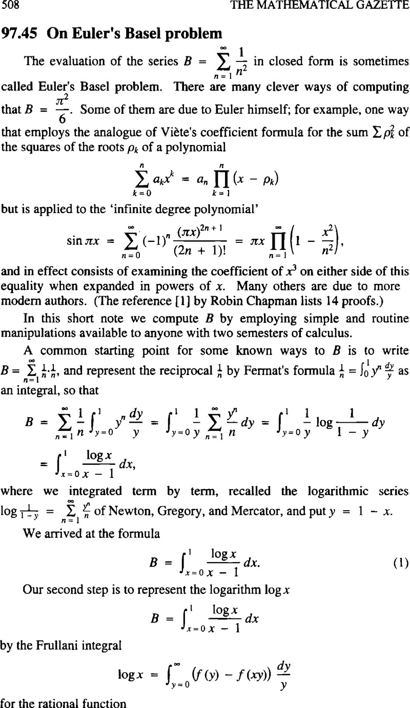 97.45 On Euler's Basel problem | The Mathematical Gazette | Cambridge Core