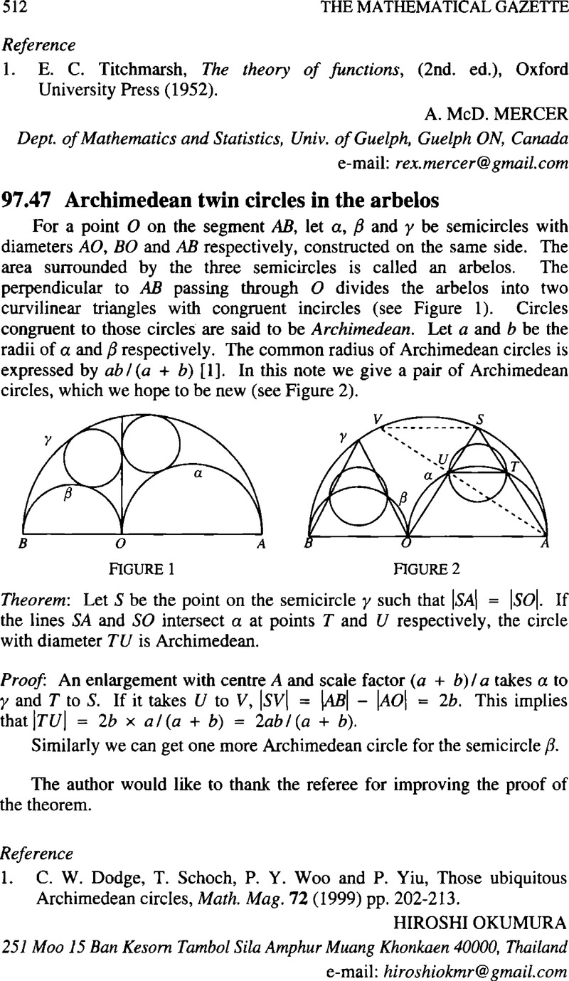 97.47 Archimedean twin circles in the arbelos | The Mathematical Gazette | Cambridge Core