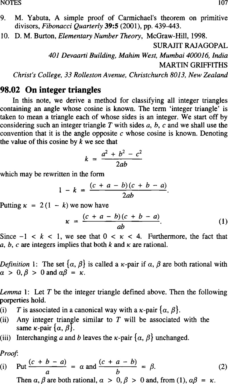 98.02 On integer triangles | The Mathematical Gazette | Cambridge Core