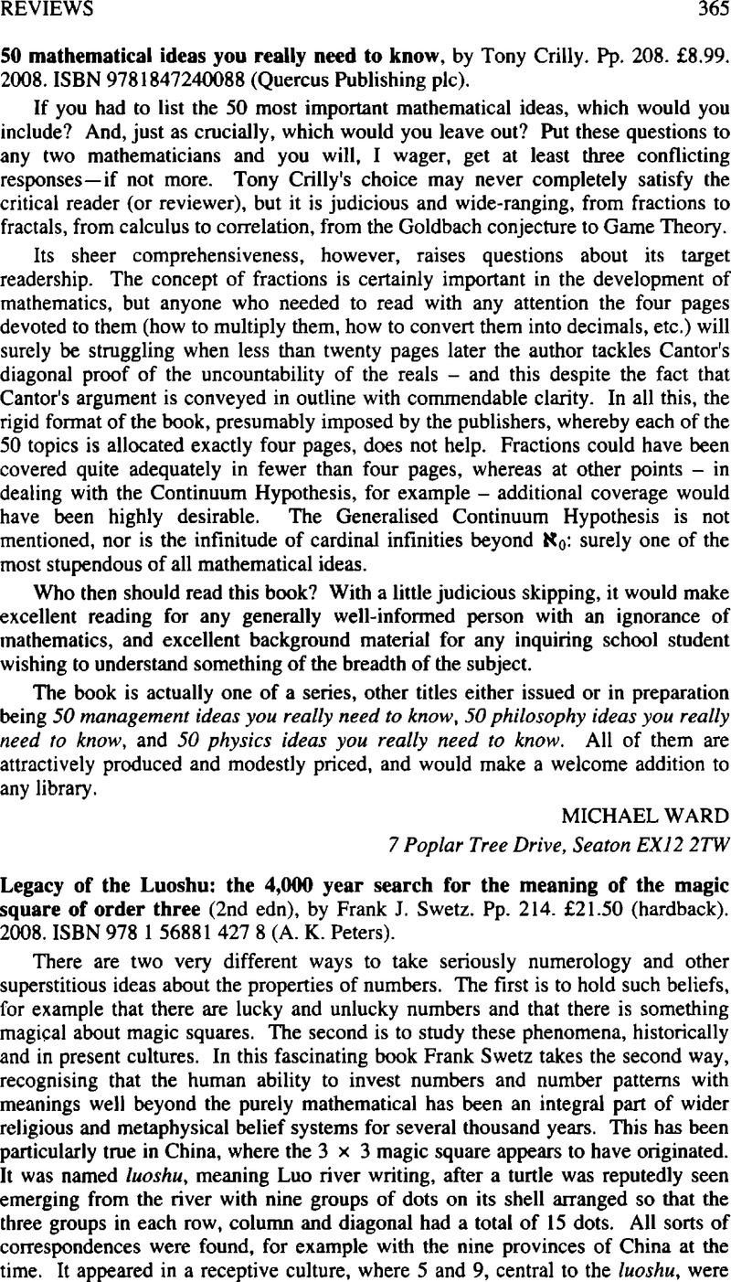 50 mathematical ideas you really need to know, by Tony Crilly. pp. 208 ...