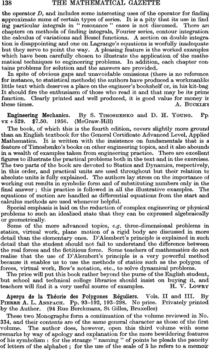 Engineering Mechanics. By S. Timoshenko and D. H. Young. Pp, vx+529. $7 ...