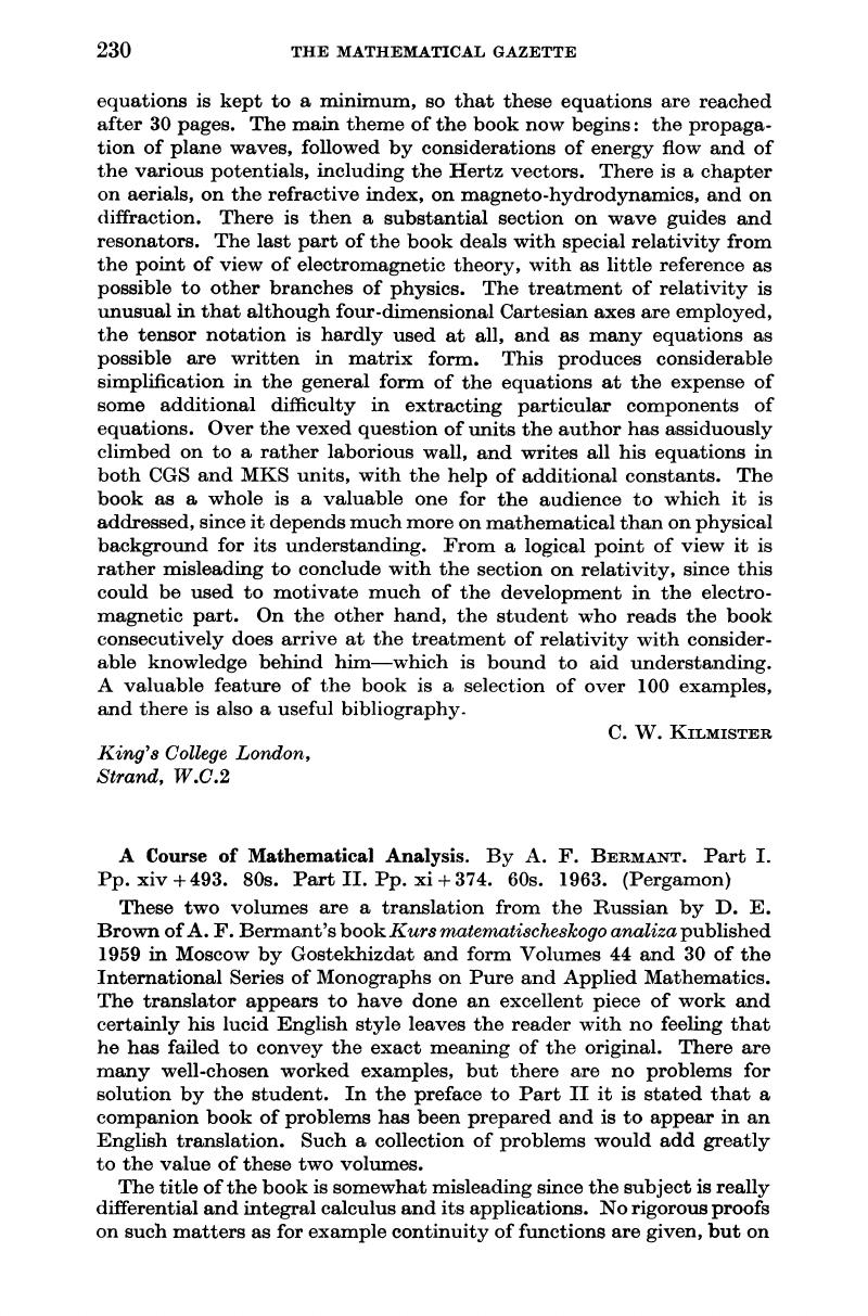 A Course of Mathematical Analysis. By A. F. Bermant. Part I. Pp. xiv+ ...