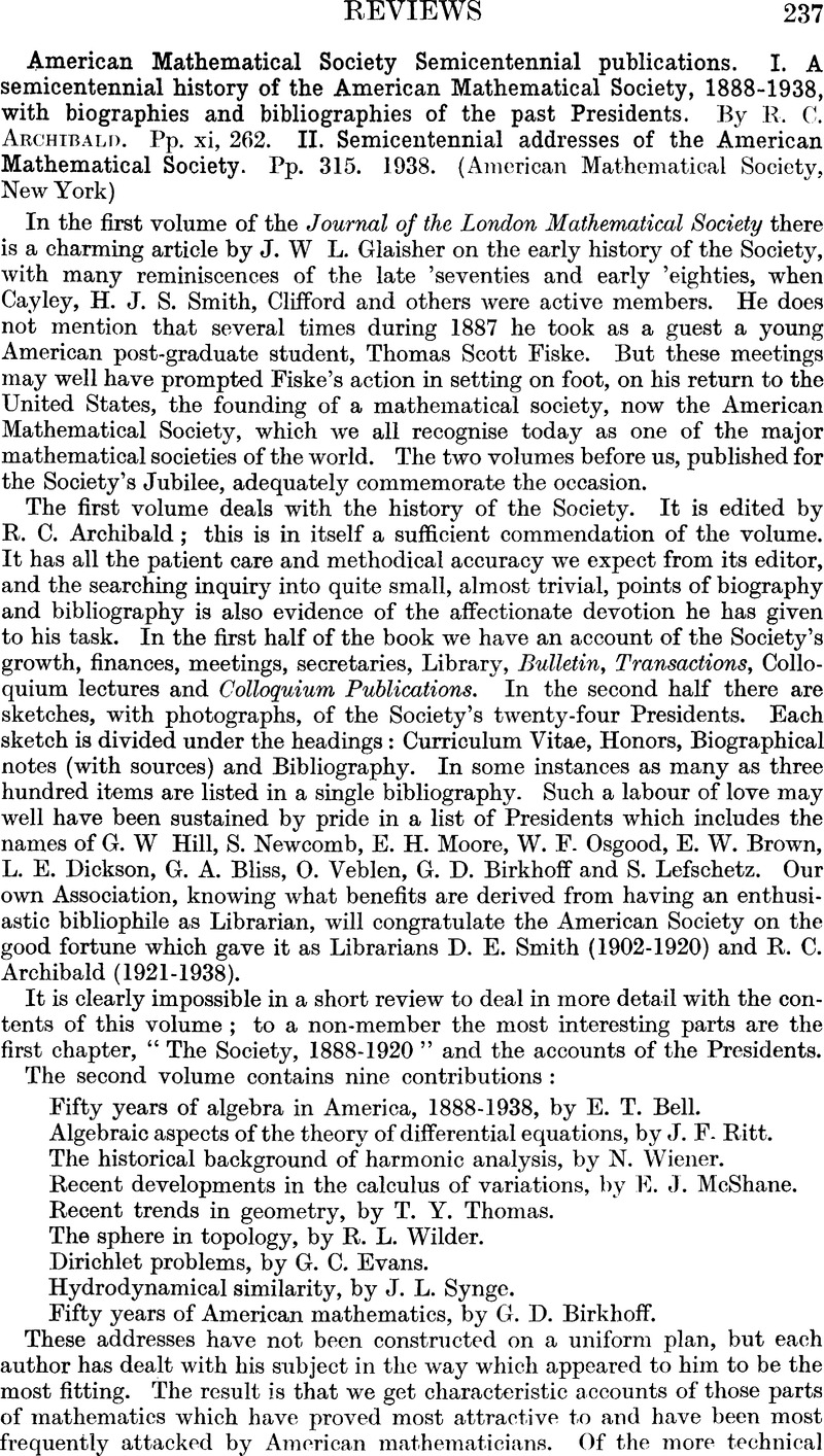American Mathematical Society Semicentennial publications. I. A ...