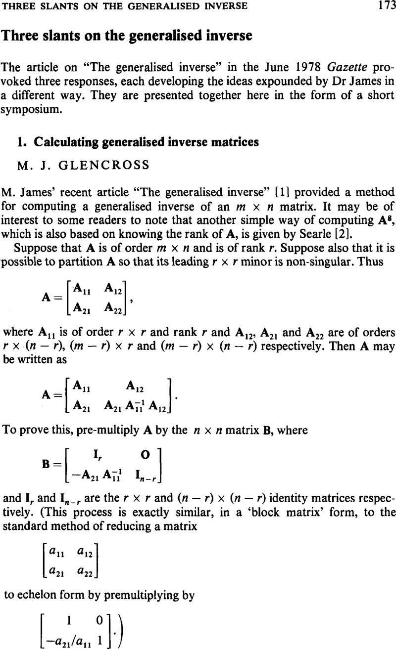 1. Calculating generalised inverse matrices | The Mathematical Gazette ... 1. Calculating generalised inverse matrices | The Mathematical Gazette ...