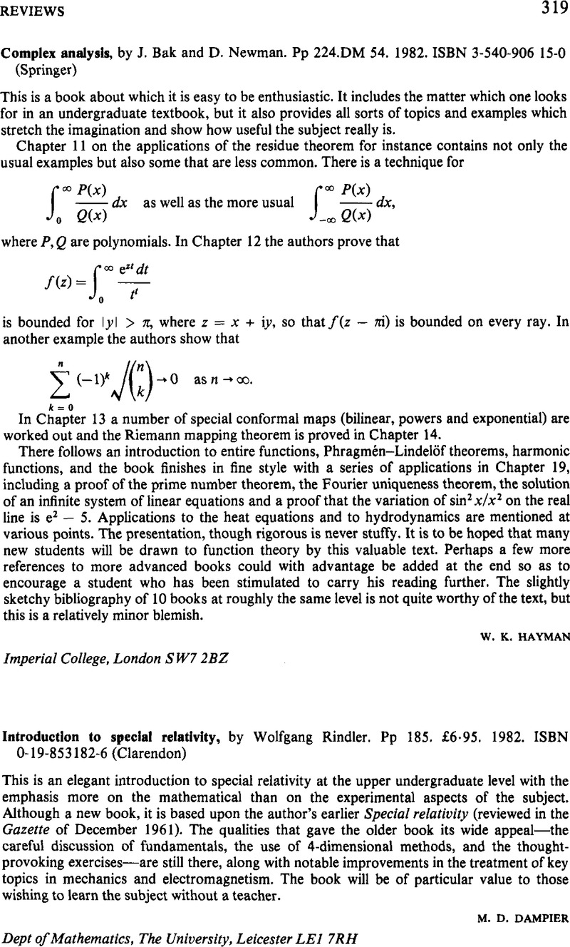 Complex analysis, by J. Bak and D. Newman. Pp 224. DM 54. 1982. ISBN 3 ...