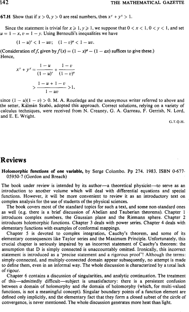 Holomorphic Functions Of One Variable By Serge Colombo Pp 274 1983 Isbn 0 677 05950 7