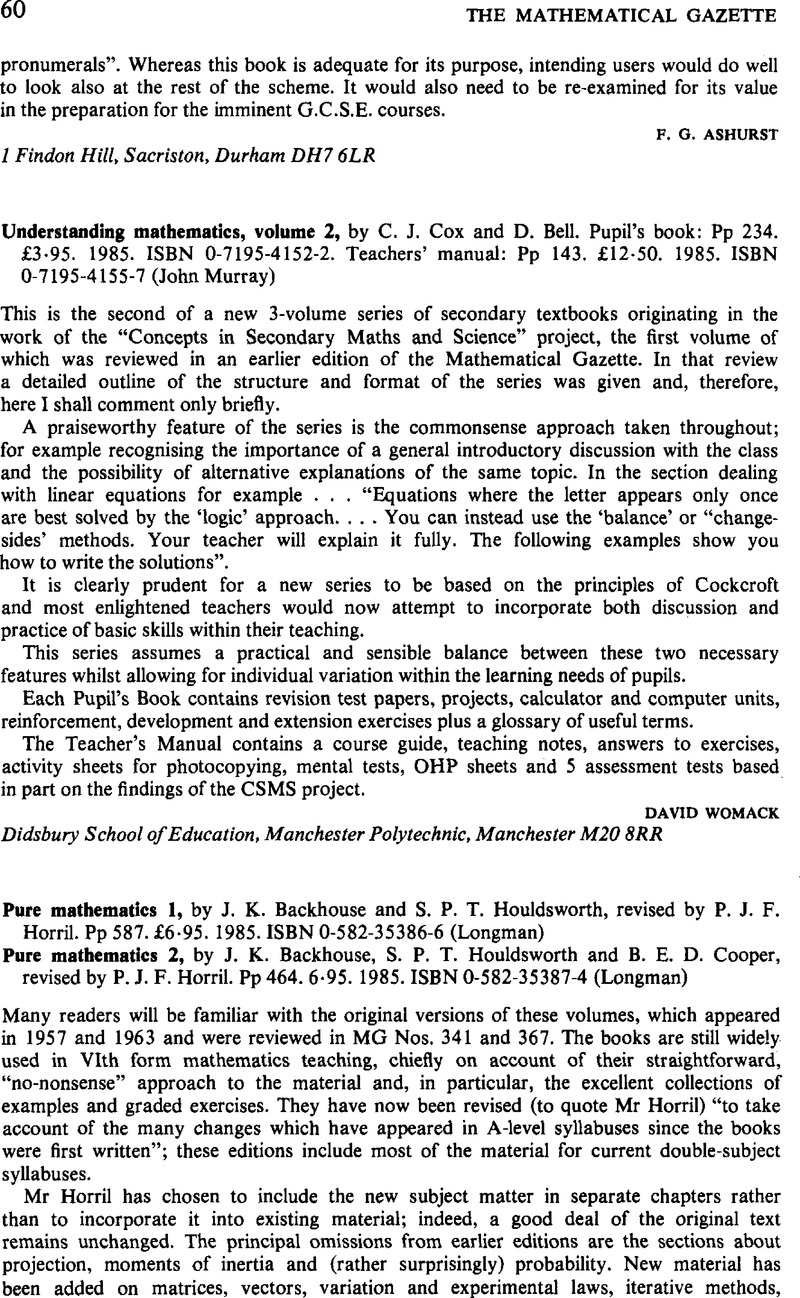 Pure mathematics 1, by J. K. Backhouse and S.P.T. Houldsworth, revised ...