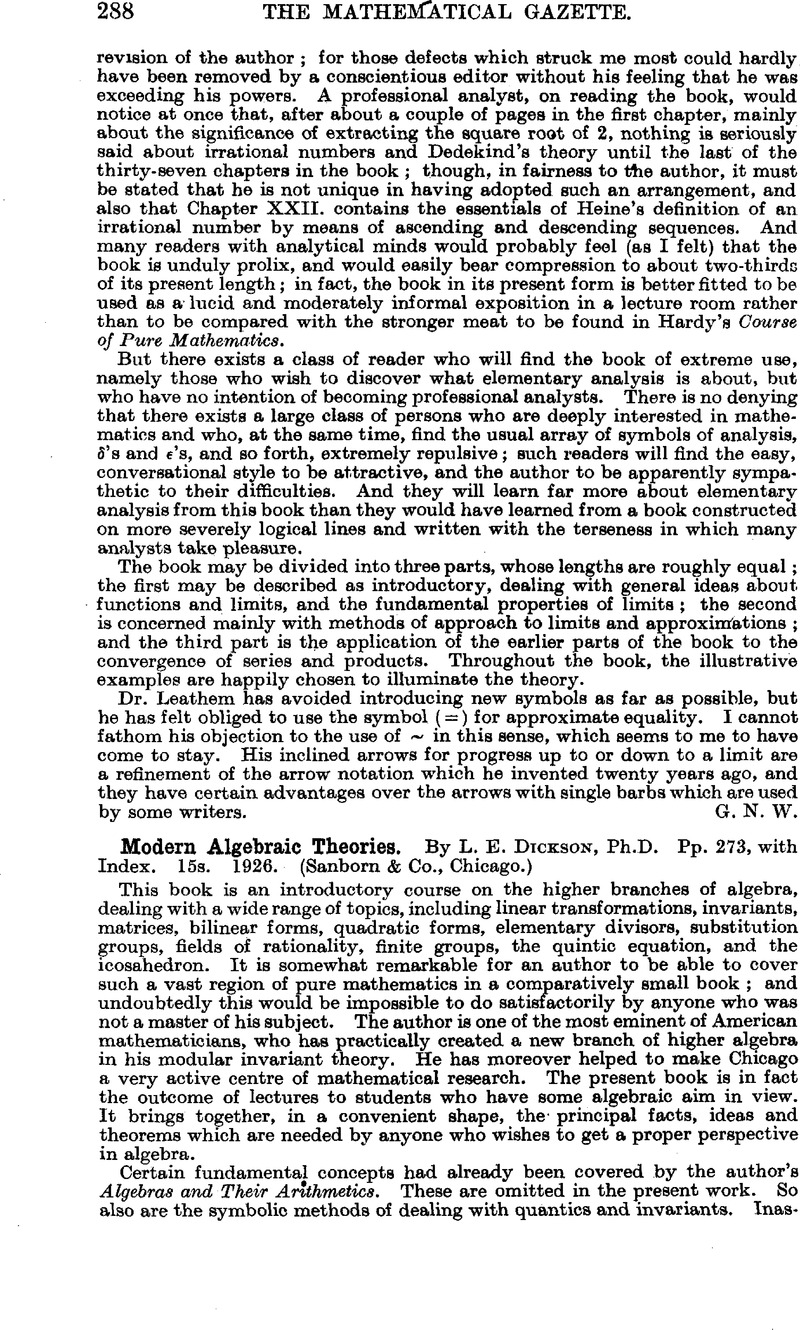 Modern Algebraic Theories. By L. E. Dickson, Ph.D. Pp. 273, with Index ...