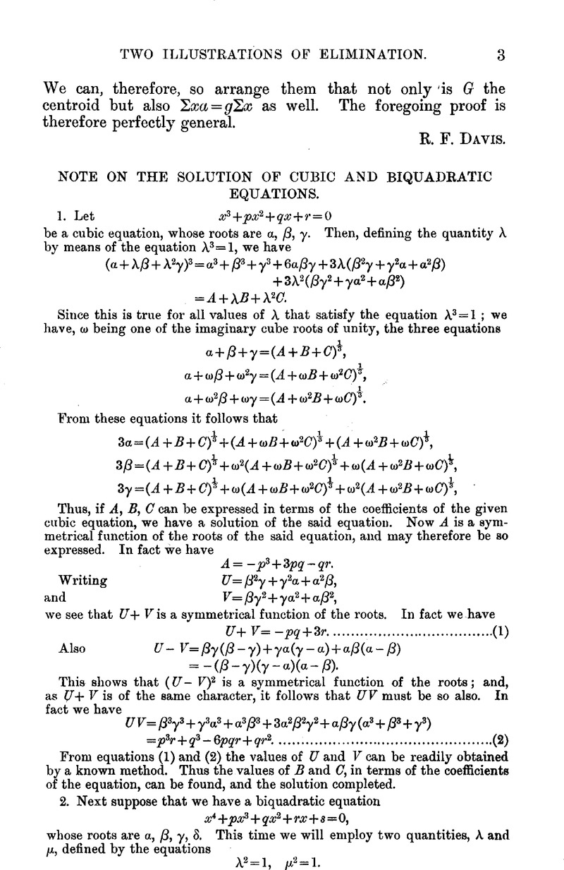 Note on the Solution of Cubic and Biquadratic Equations | The ...
