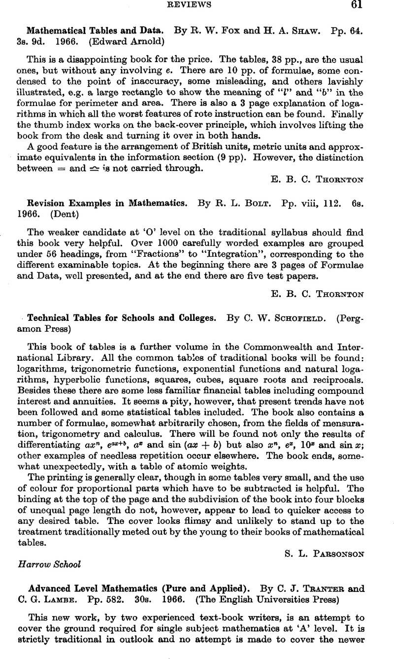 Advanced Level Mathematics (Pure and Applied). By C. J. Tranter and C ...