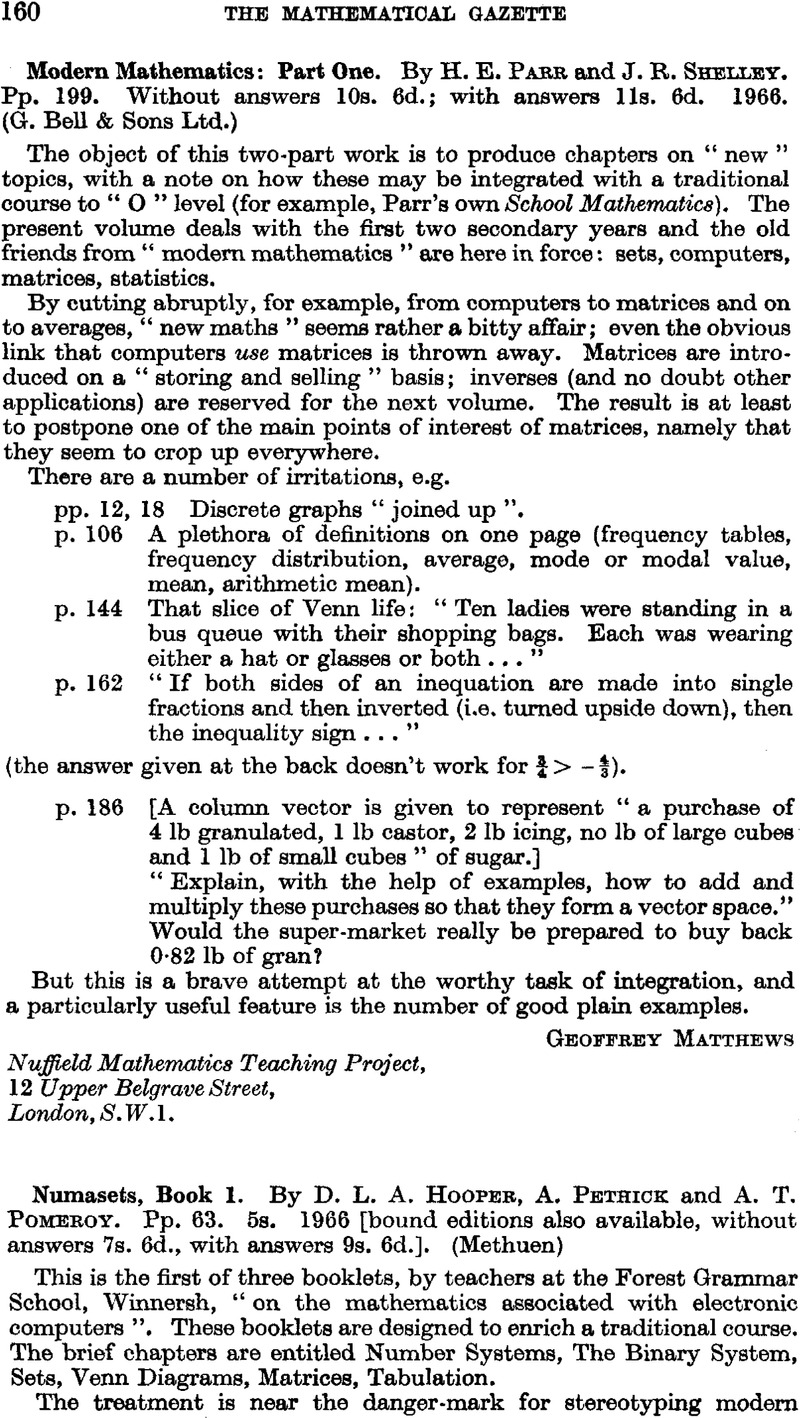 Modern Mathematics: Part One. By H. E. Parr and J. R. Shelley. Pp. 199 ...
