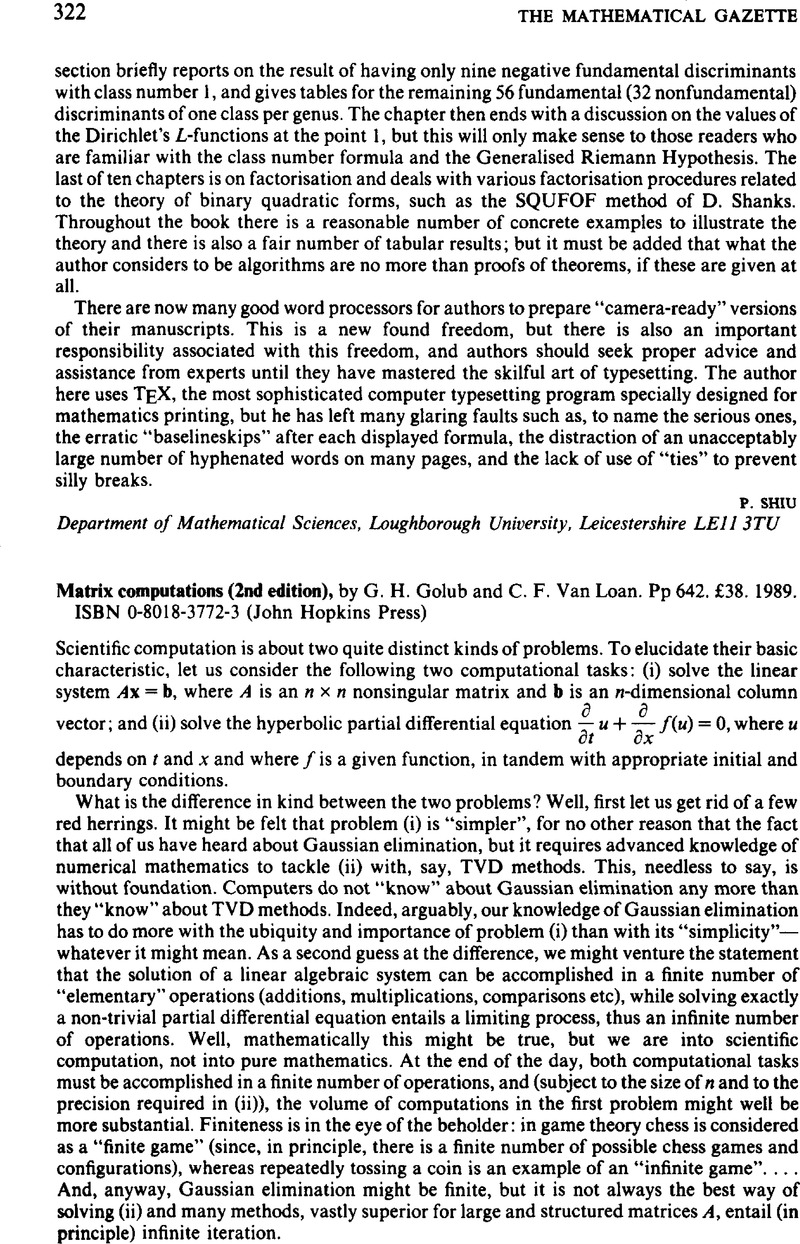 Matrix computations (2nd edition), by G. H. Golub and C. F. Van Loan ...