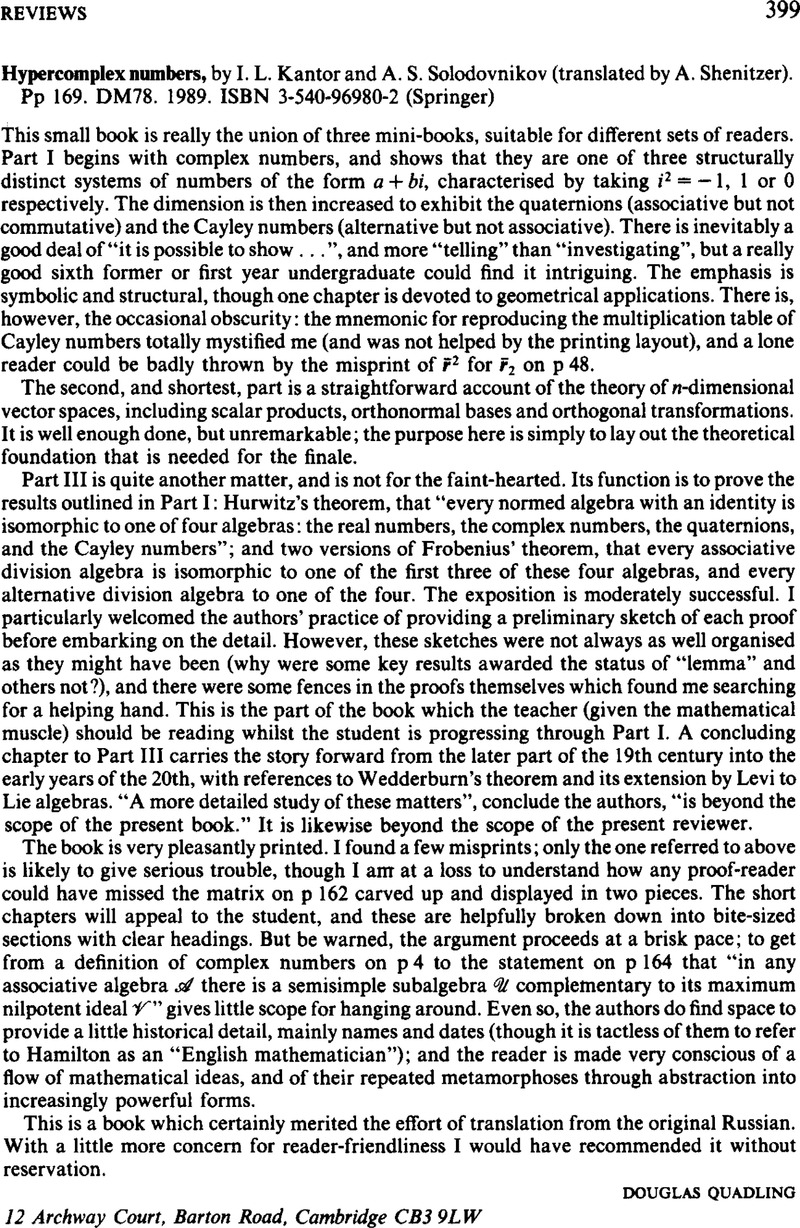 Hypercomplex numbers, by I. L. Kantor and A. S. Solodovnikov ...